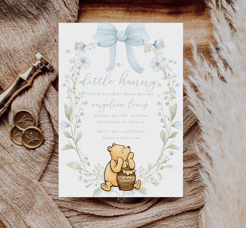 Winnie the Pooh Baby Shower Invitation: Blue Bow, Floral Wreath ...