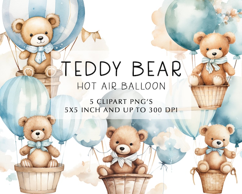 Teddy Bear Hot Air Balloon Watercolor Clipart: Baby Shower PNG Set (5 ...