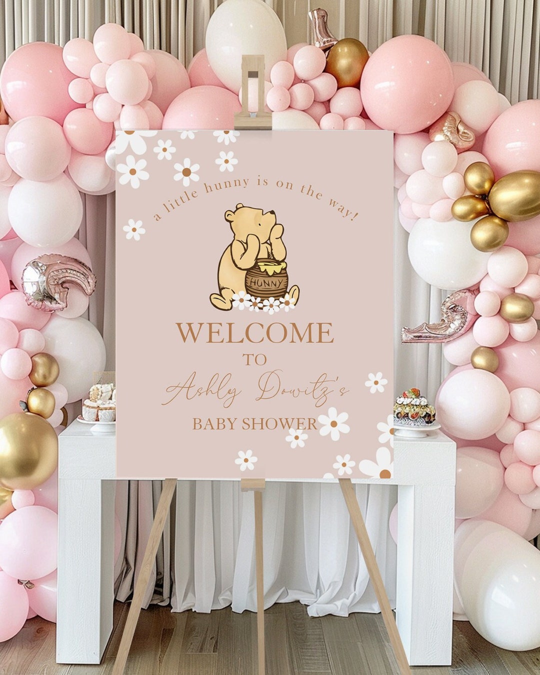 Editable Winnie the Pooh Pink Daisy Sign, Winnie the Pooh Baby Shower ...