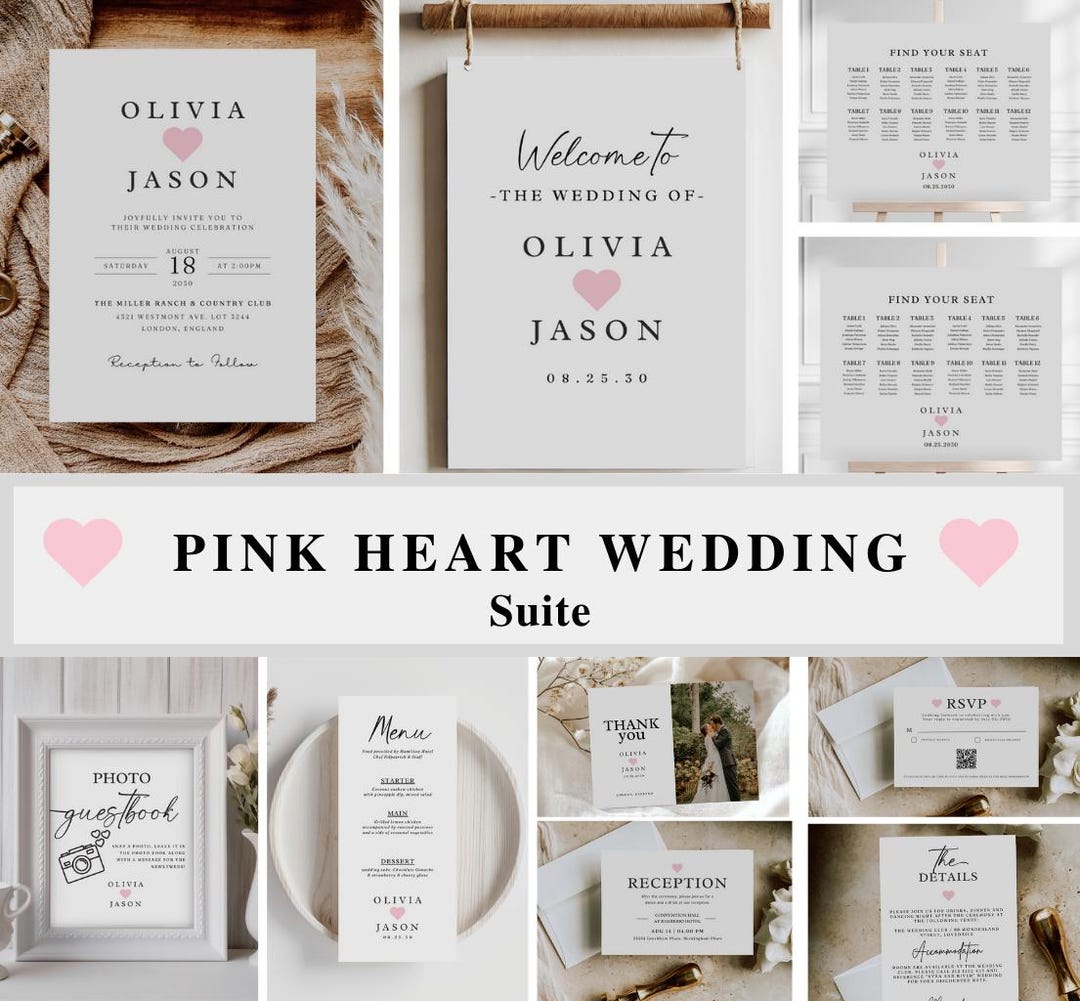Wedding Invitation Pink Heart, Wedding Invitation Suite,modern Wedding ...