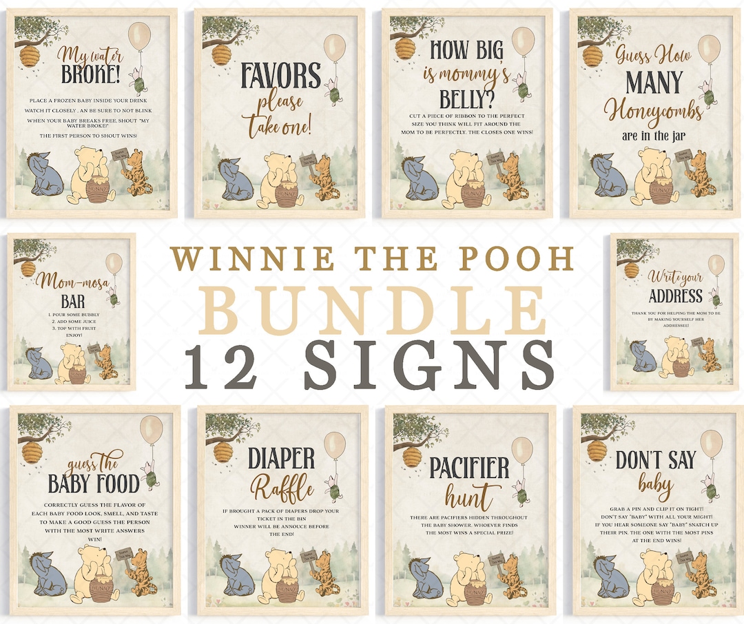 12 Editable Winnie the Pooh Signs, Winnie the Pooh Baby Shower, Winnie ...