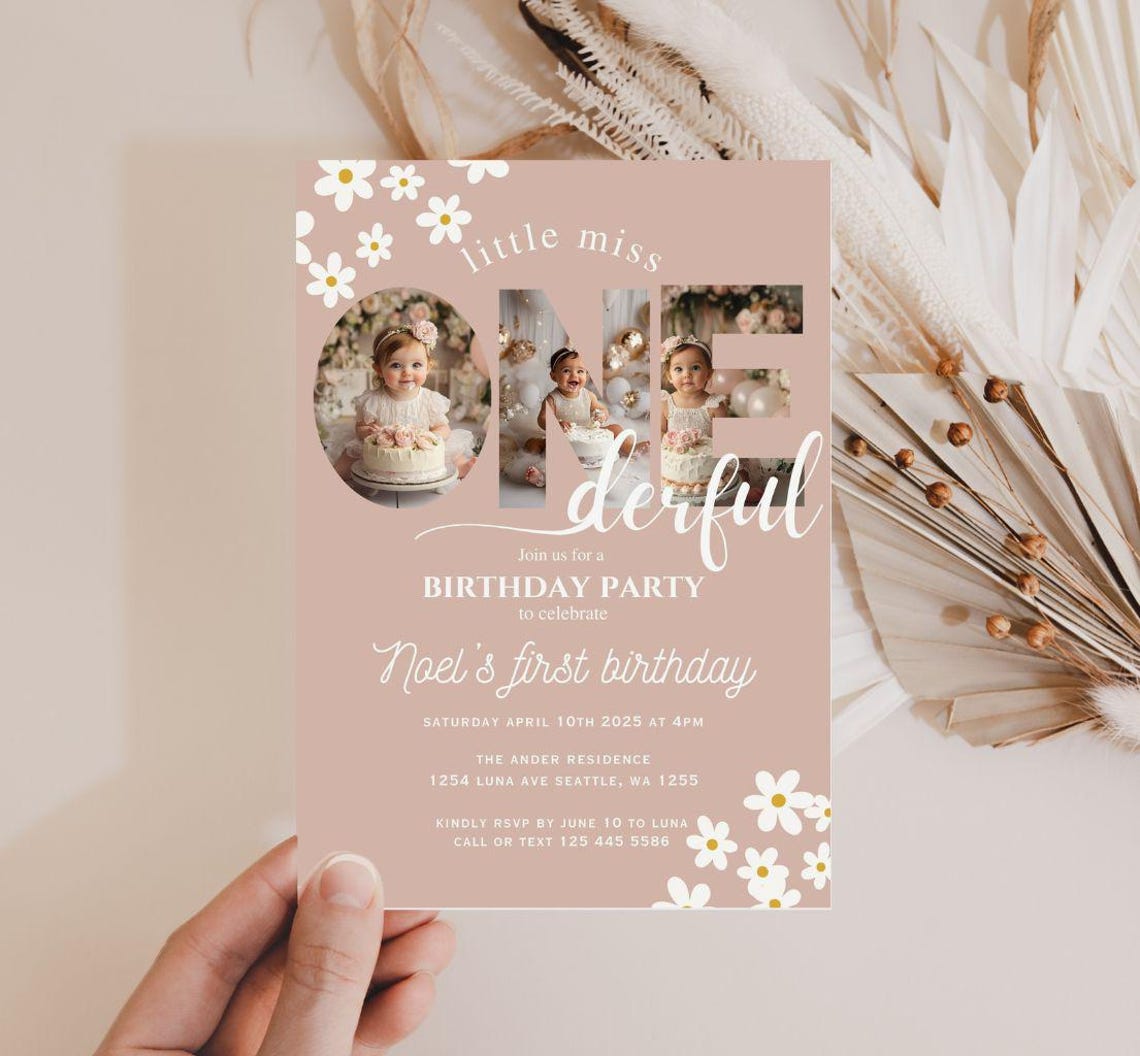 Daisy First Birthday Invitation: Boho Floral Design (digital Template ...