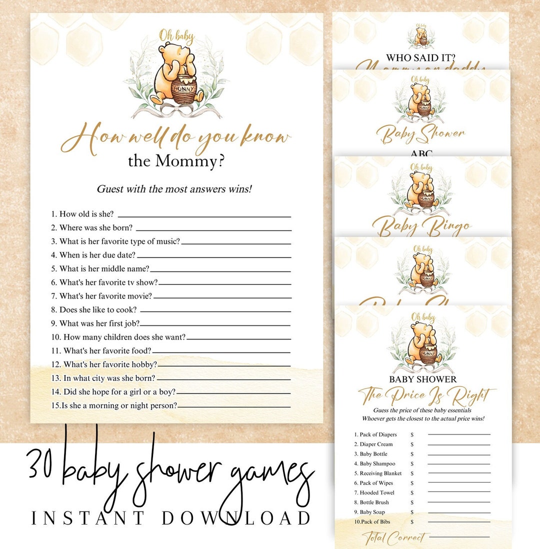 Winnie the Pooh Baby Shower Games, Instant Download Baby Shower Games ...