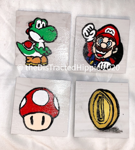 Hand Painted Mario Inspired Set of 4 Coasters | Etsy