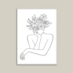 Head Of Flowers Art Woman Outline Drawing Woman With | Etsy