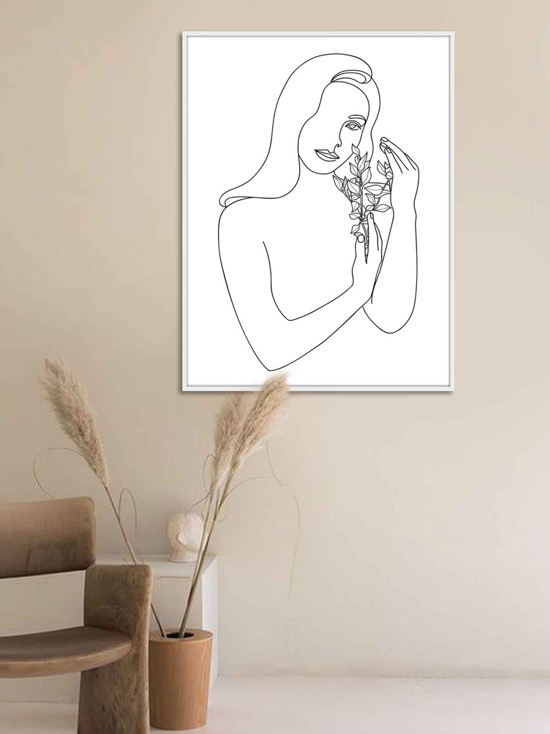 Woman With Flowers Abstract Botanic Drawing Line Art Etsy