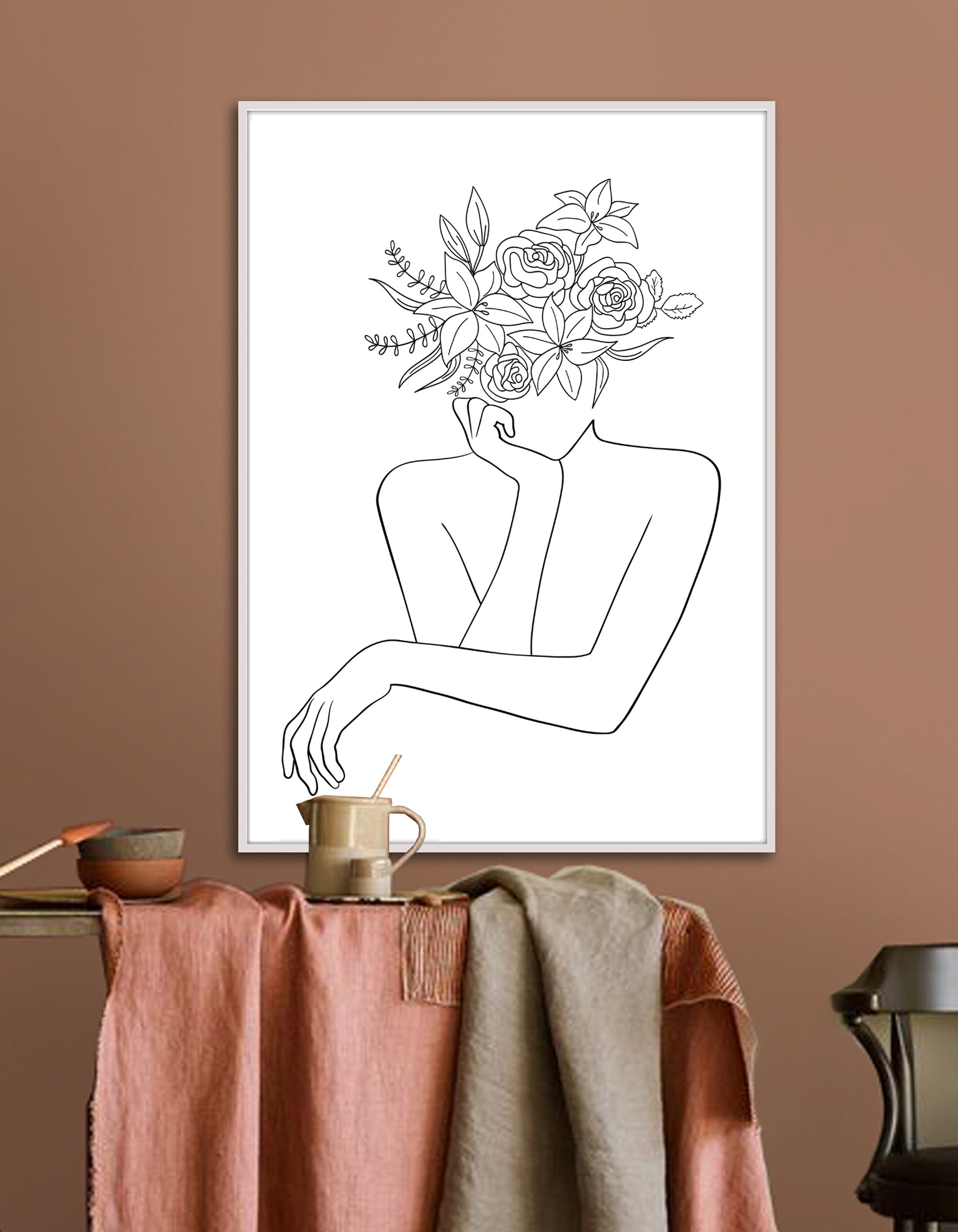 Head of Flowers Art Woman Outline Drawing Woman With - Etsy