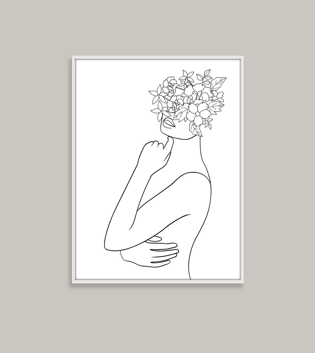 Head of Flowers Art Print, Woman Outline Drawing, Woman With Flowers ...