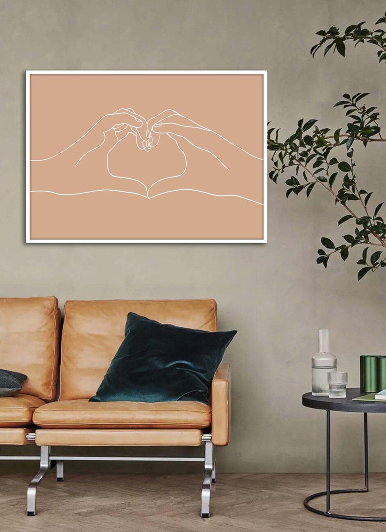 Hands Heart Form, Boho Wall Art, Beige Color Heart Drawing, One Line ...