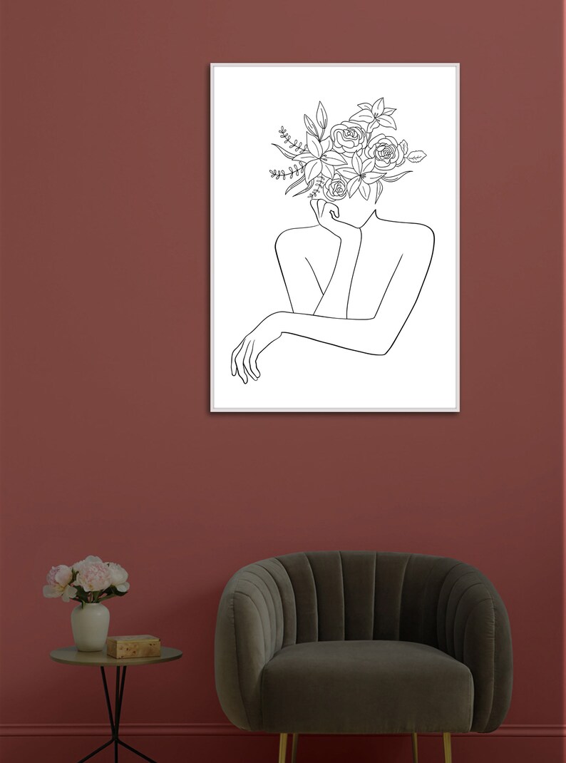Head Of Flowers Art Woman Outline Drawing Woman With | Etsy