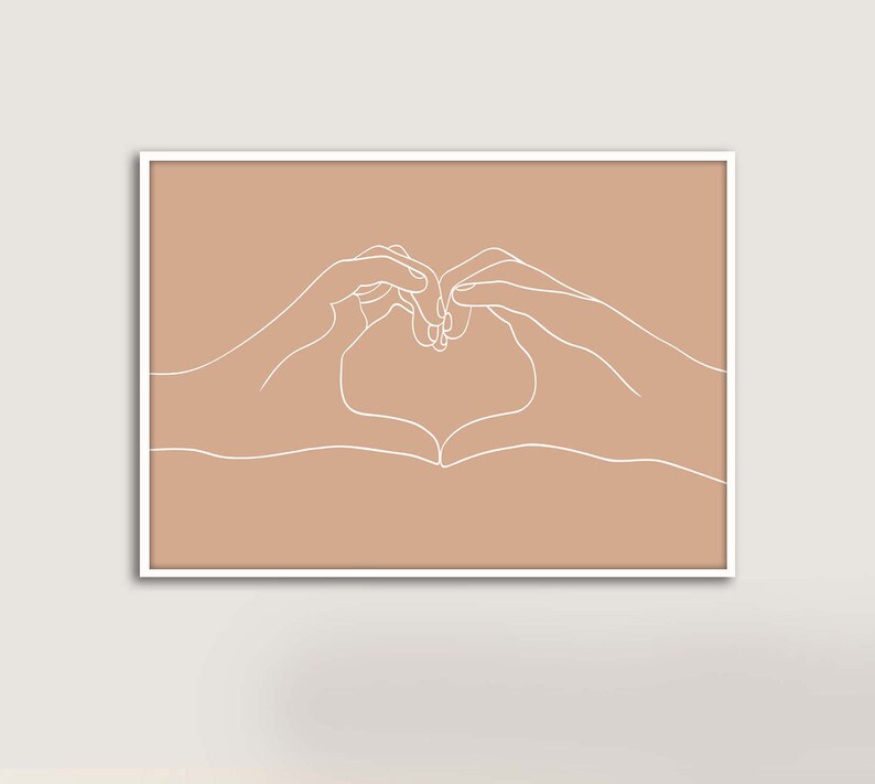 Hands Heart Form, Boho Wall Art, Beige Color Heart Drawing, One Line ...