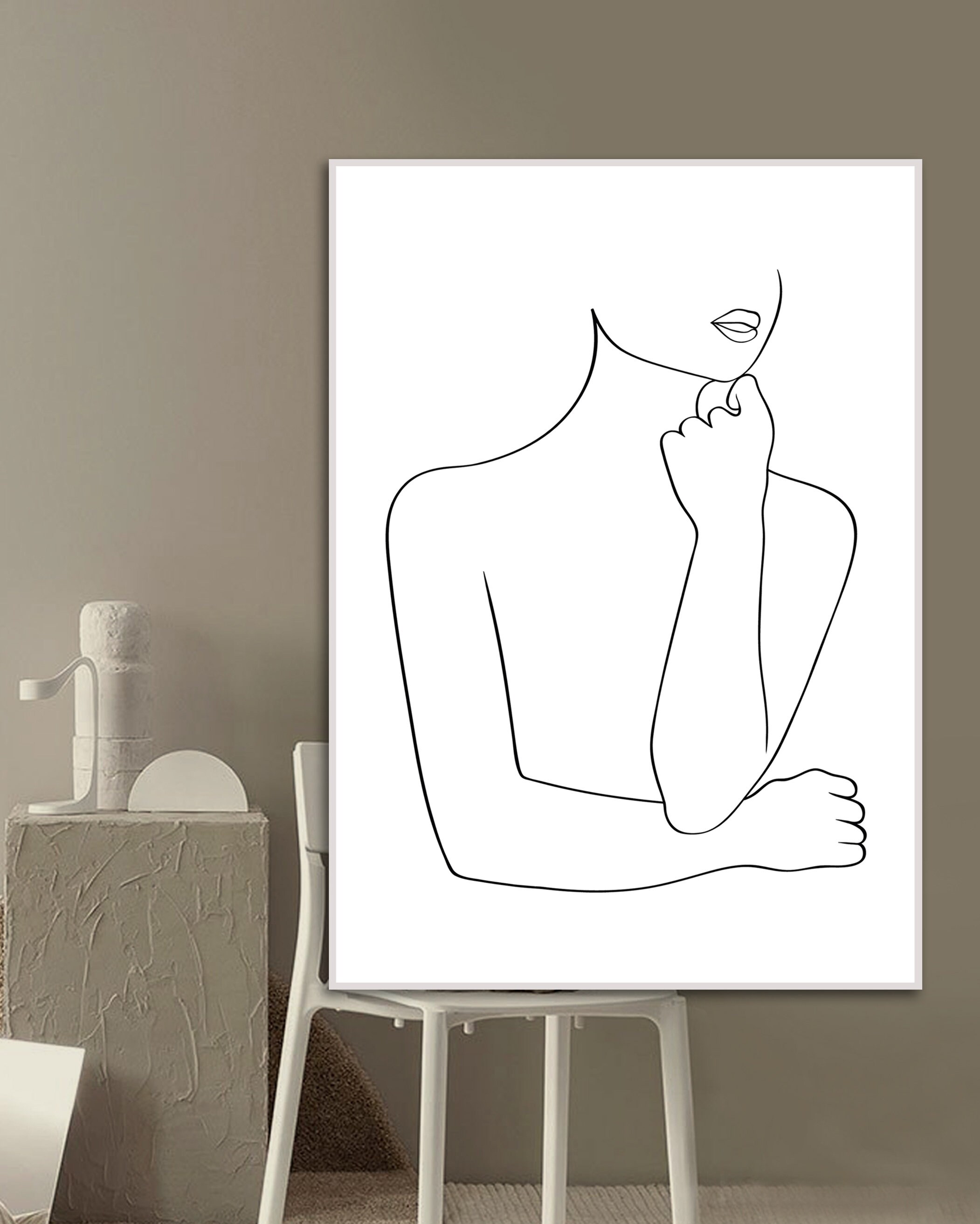 Female Body Line Art Woman Outline Drawing Hands and Face | Etsy