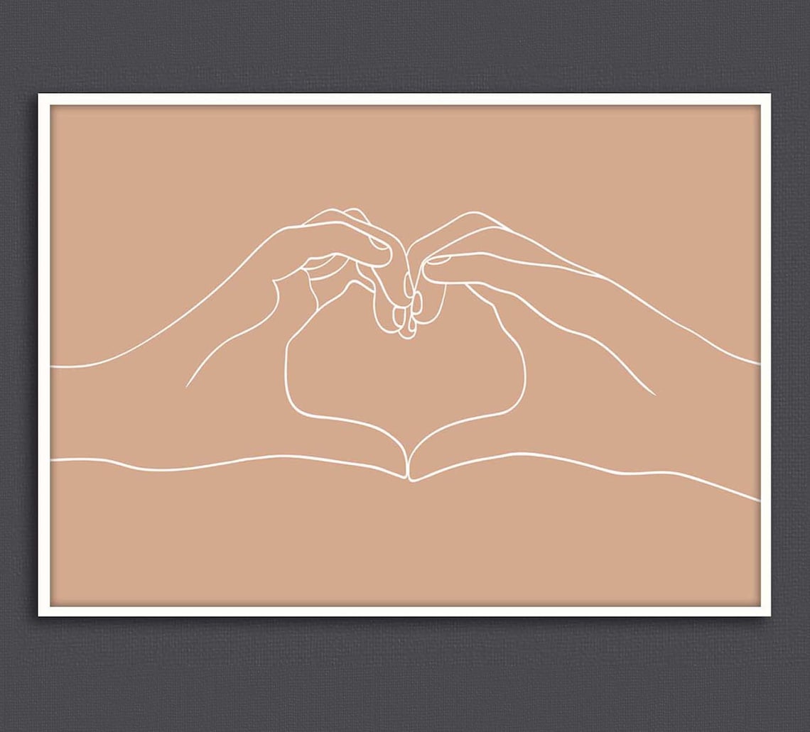 Hands Heart Form, Boho Wall Art, Beige Color Heart Drawing, One Line ...