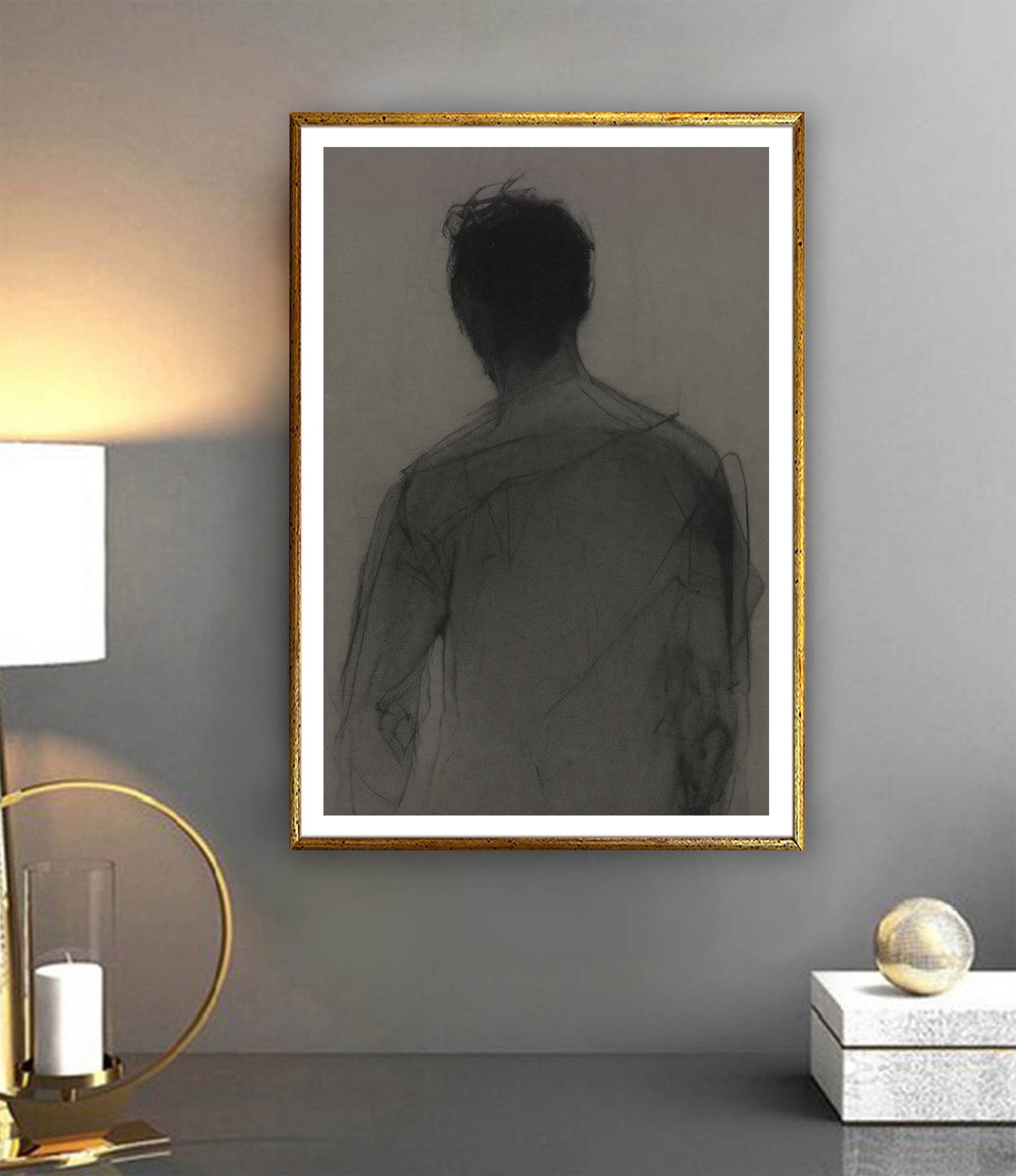 Charcoal Male Drawing, Back View of the Male Model, Man Portrait ...