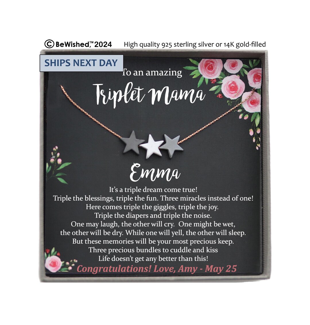 Triplet Mom Gift - "3 Stars for Her 3 Blessings" Necklace With ...