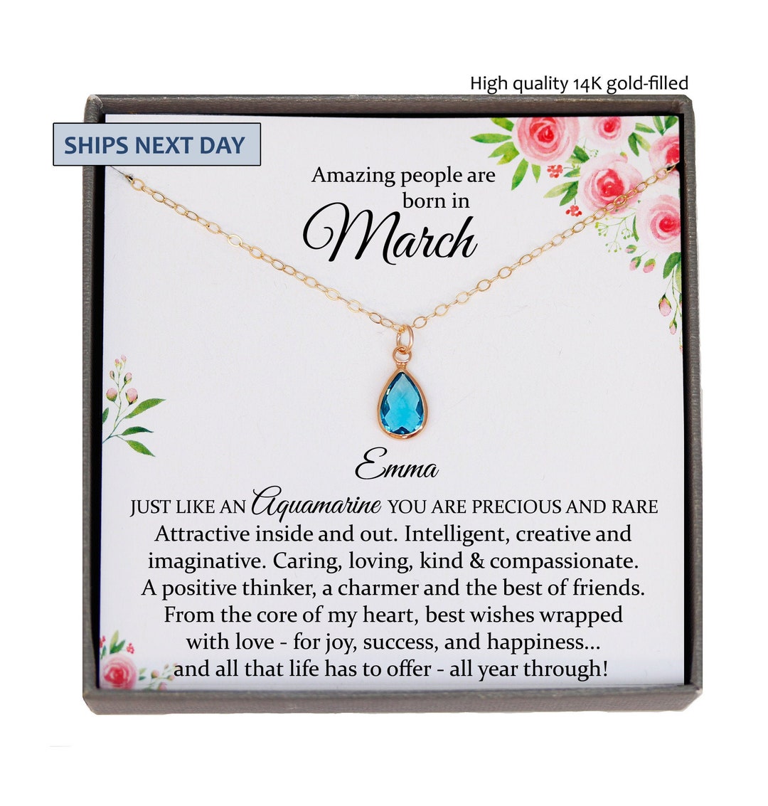 March Birthstone Necklace, Aquamarine Necklace Gold, March Birthday ...