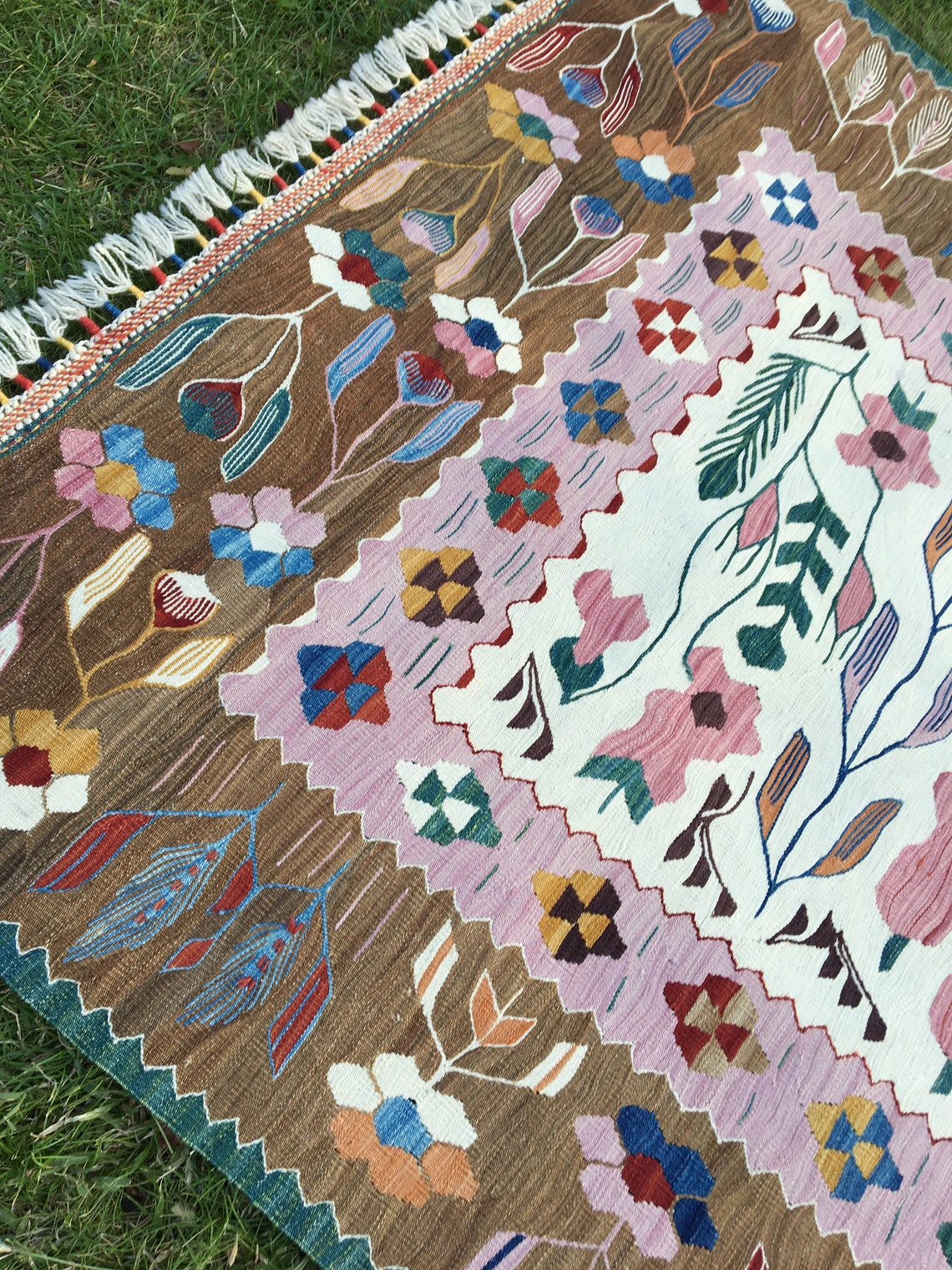 Hand-Woven Carpet With Colorful Pink Flower Garden On White | Etsy