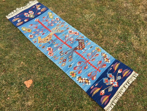 Handwoven Blue Runner Rug Rustic Small Runner Rug Vintage | Etsy