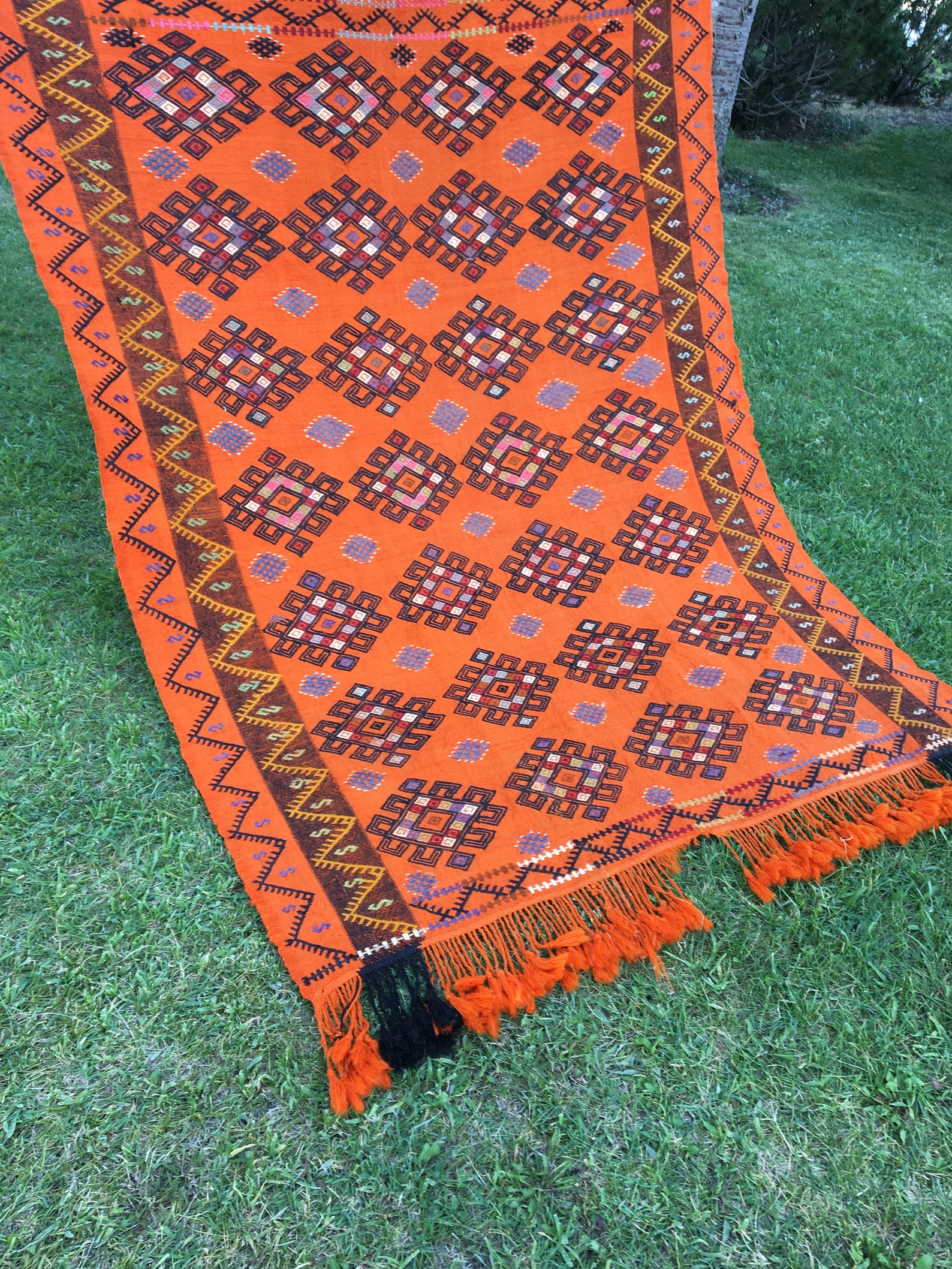 Antique Vintage Orange Embroidery Turkish Kilim Rug, Rustic Oriental ...