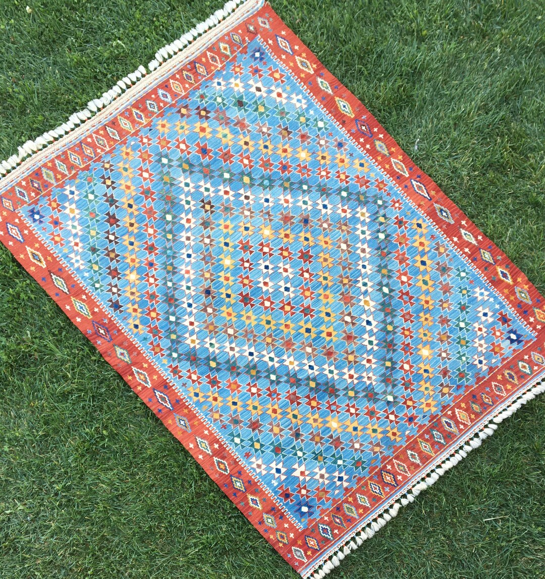 5’1 X 6’8 Baby Blue Indigo Rug, Persian Area Rug, Kilim Rug, Hand ...
