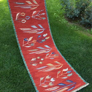Oriental Red Kilim Rug Runner, Short Runner, Turkish Kilim Rug, Hand ...