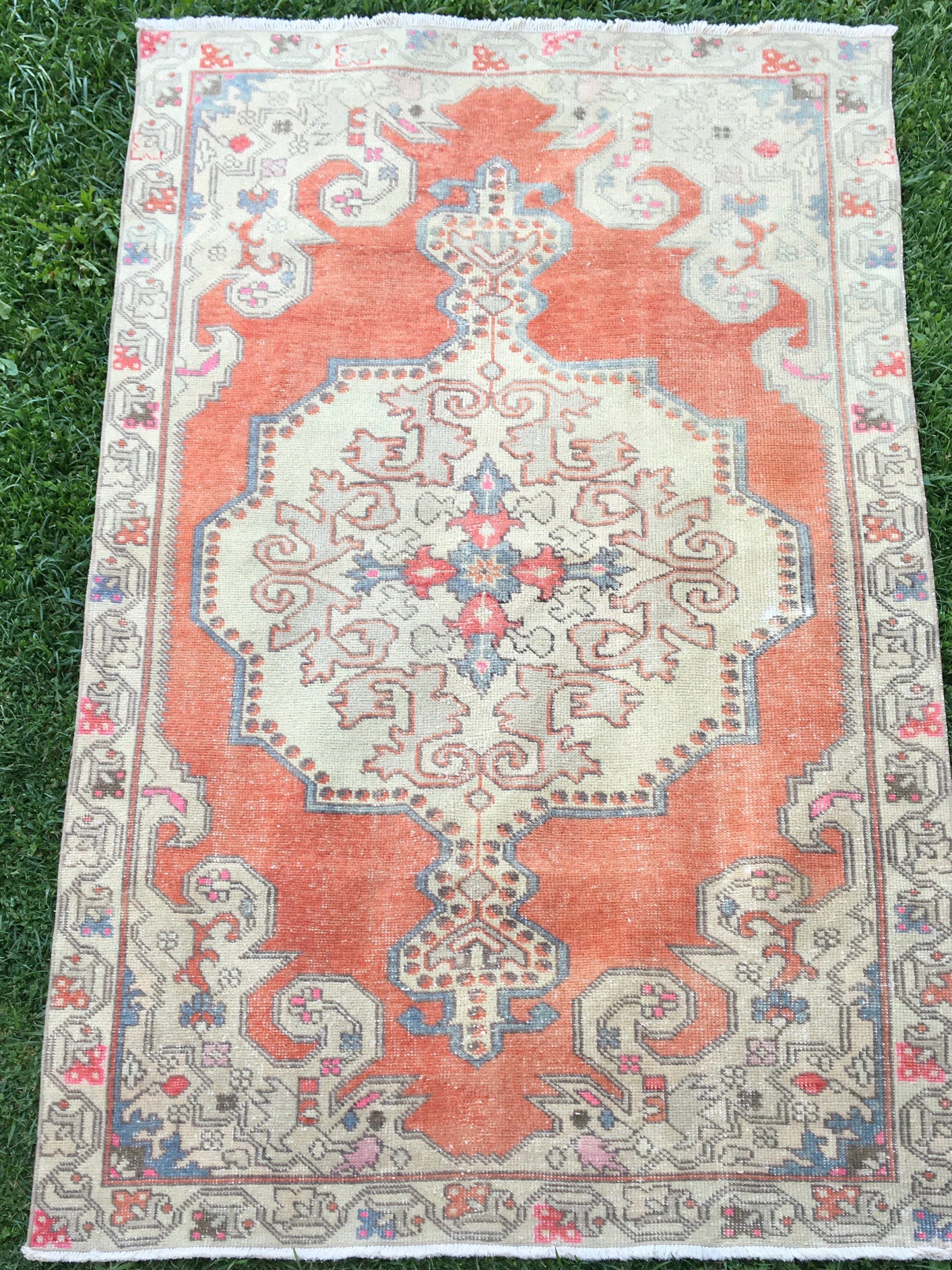 Antique Orange Area Rug, Bedroom Rug, Kitchen Rug, Handmade Rug ...
