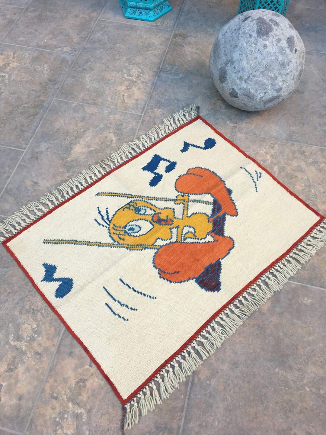 Handmade Turkish Wool Area Kilim Rug, Tweety Bird Models Rug, Rare ...