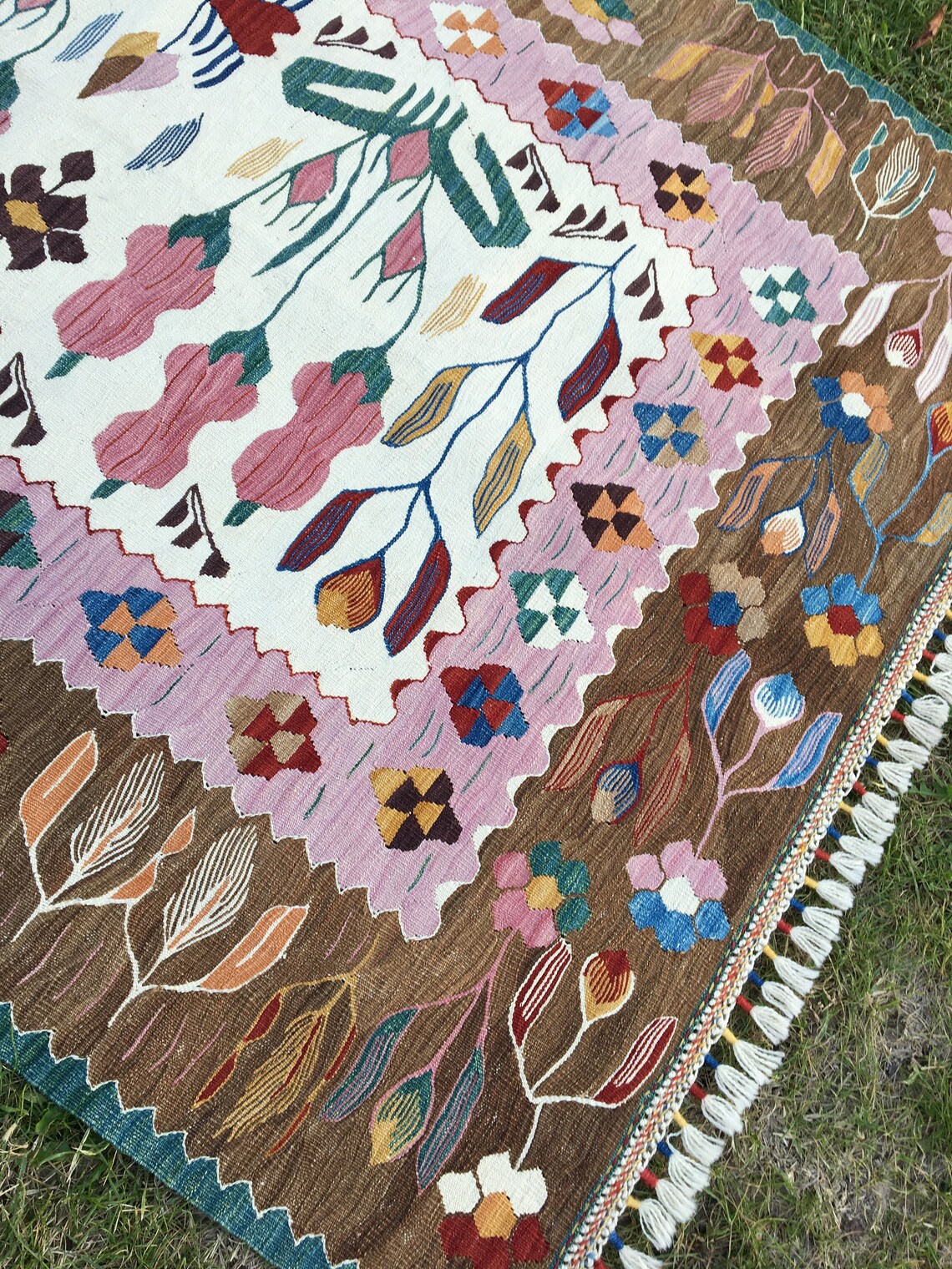 Hand-woven Carpet With Colorful Pink Flower Garden on White | Etsy
