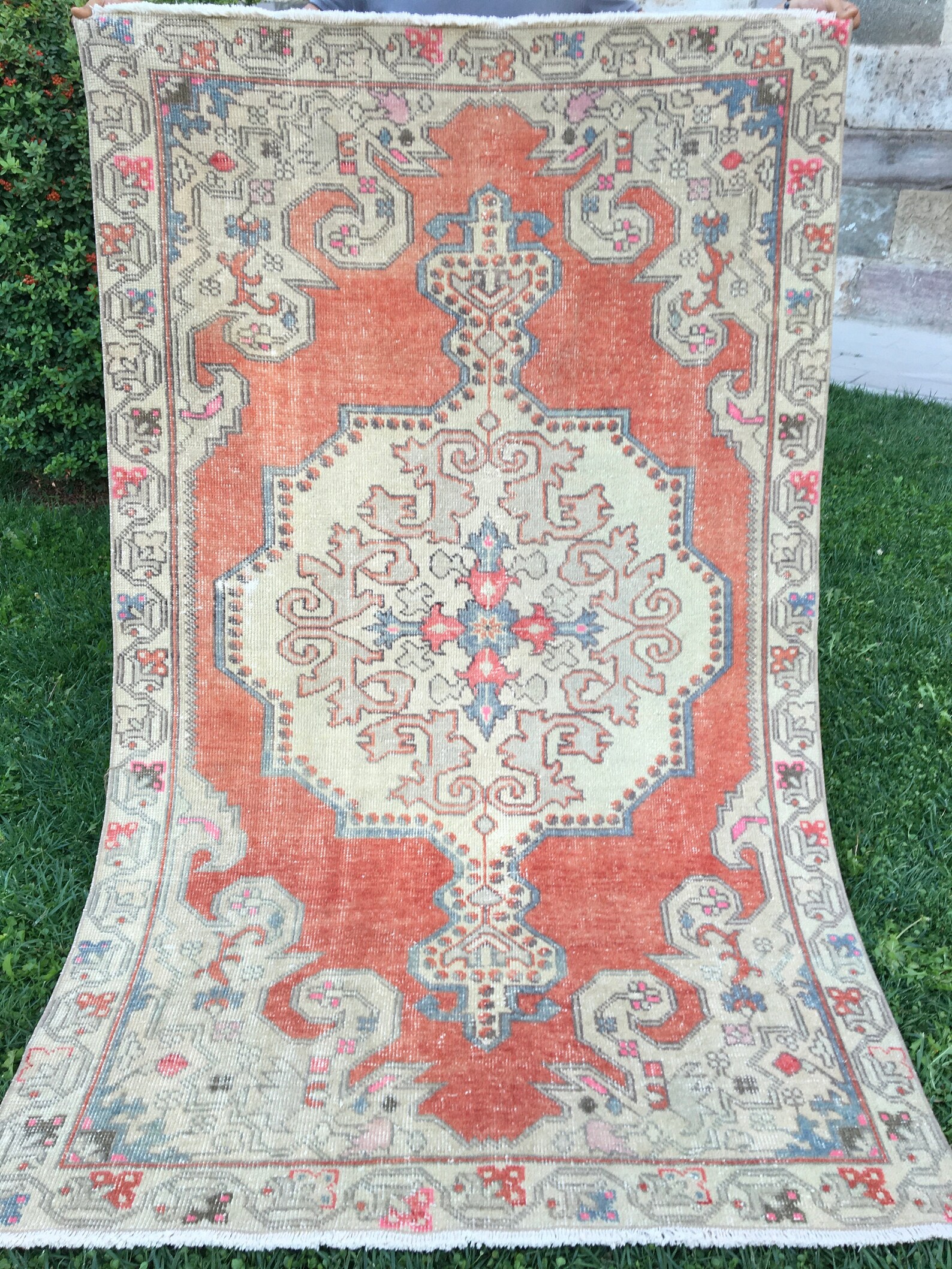 Antique Orange Area Rug, Bedroom Rug, Kitchen Rug, Handmade Rug ...