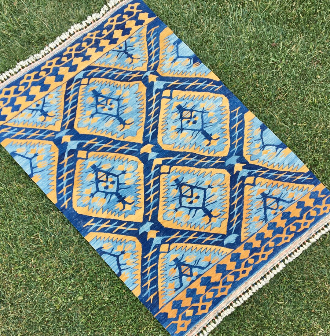 Anatolian Blue Kilim Rug, Turkish Rug, Oushak Rug, Floor Kilim Rugs ...