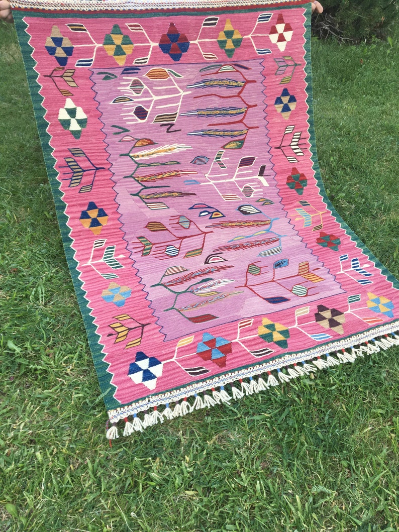 Oriental Small Pink Kilim Rug Flowers Pink Turkish Floor - Etsy