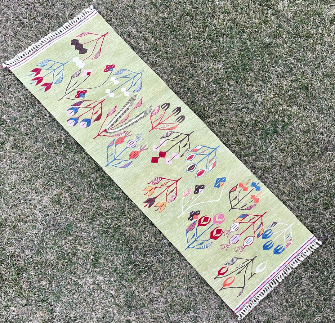 Kilim Rug Runner, Lime Green Runner, Floral Rug Runner, 2x7 Runner Rug ...