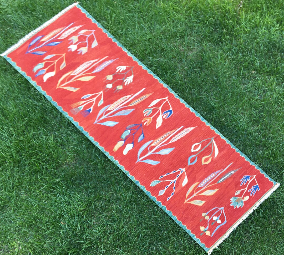 Oriental Red Kilim Rug Runner, Short Runner, Turkish Kilim Rug, Hand ...