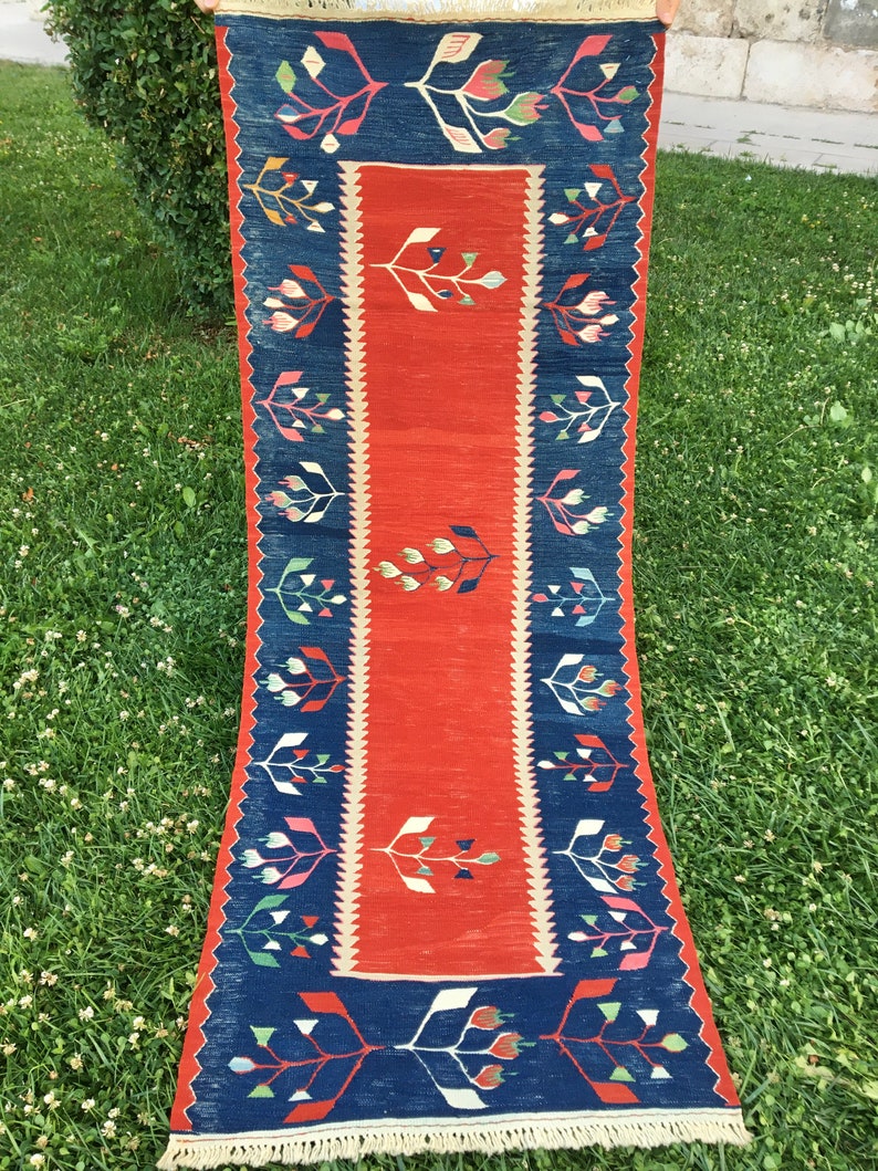 Oriental Red and Blue Kilim Rug Runner Turkish Runner Rug - Etsy