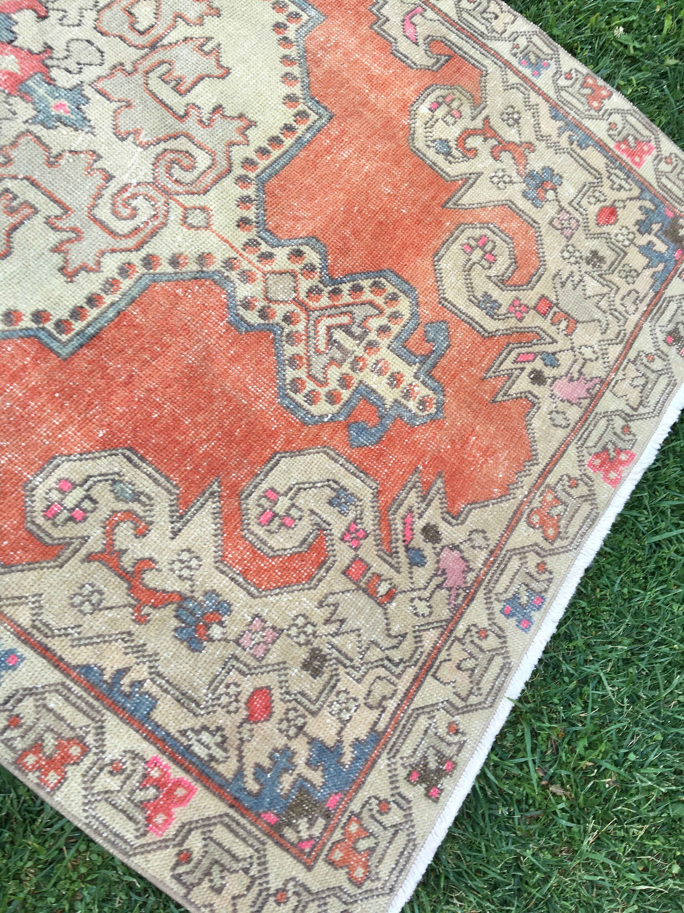 Antique Orange Area Rug, Bedroom Rug, Kitchen Rug, Handmade Rug ...