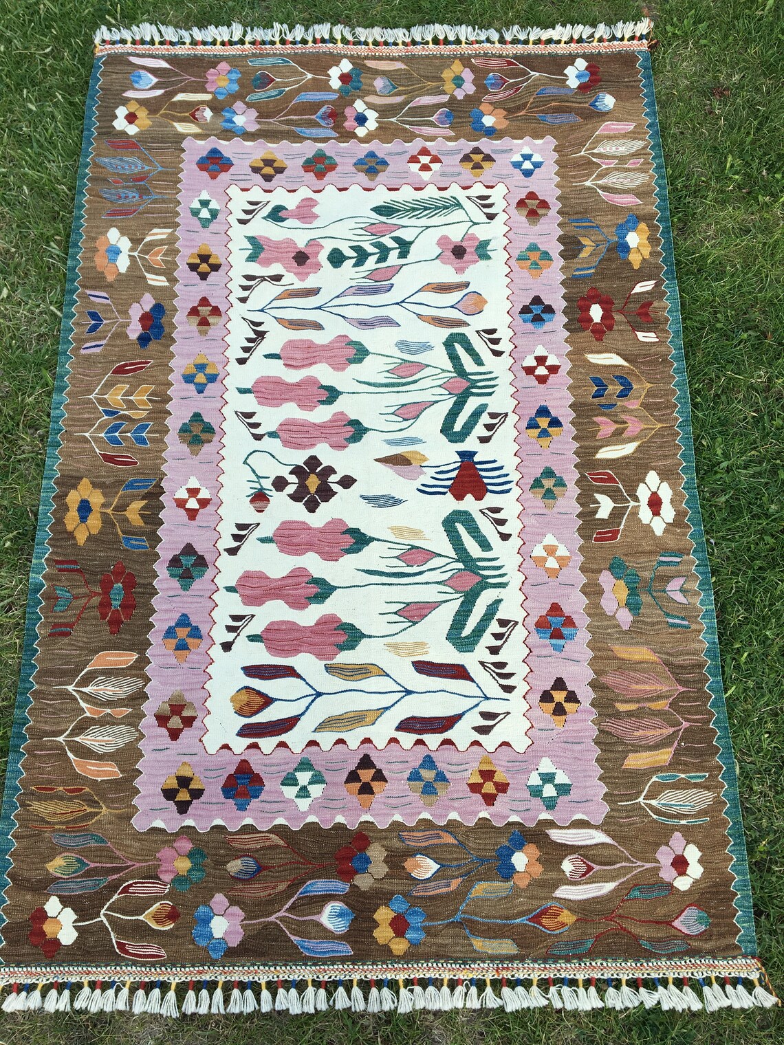 Hand-woven Carpet With Colorful Pink Flower Garden on White | Etsy