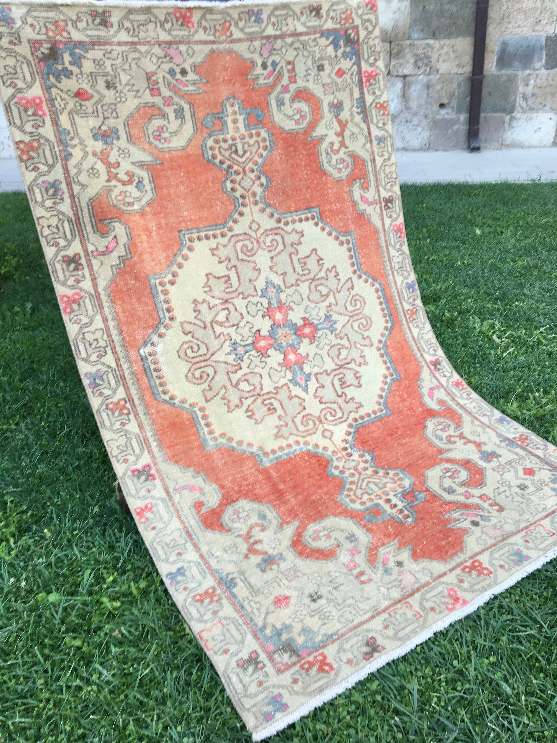 Antique Orange Area Rug, Bedroom Rug, Kitchen Rug, Handmade Rug ...
