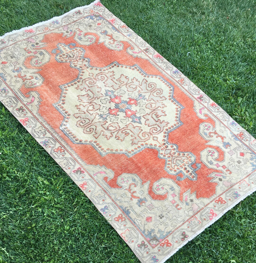 Antique Orange Area Rug, Bedroom Rug, Kitchen Rug, Handmade Rug ...
