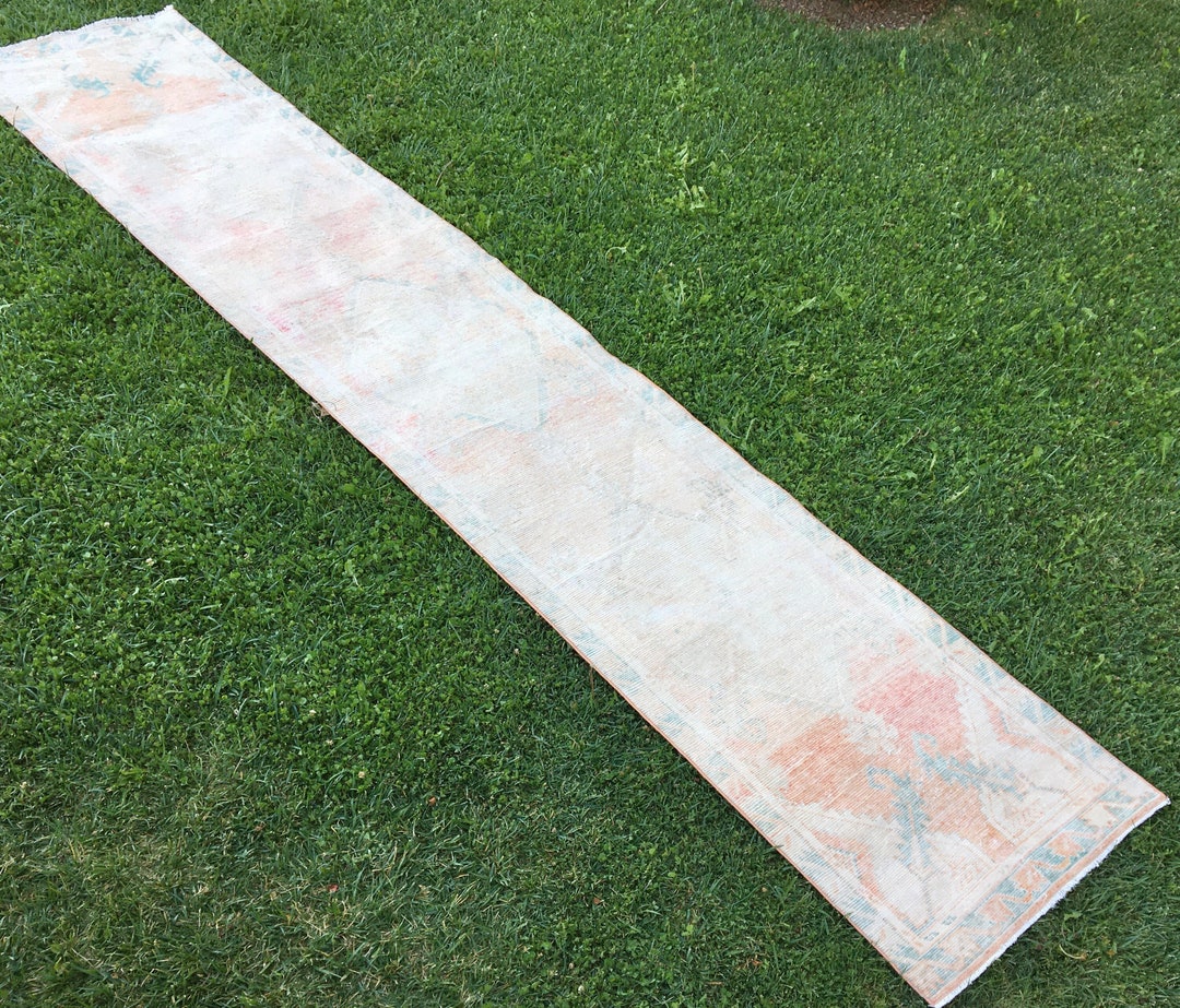 Distressed Low Pile 12 Feet Runner Rug, Vintage Worn Rug Runner, Wool ...