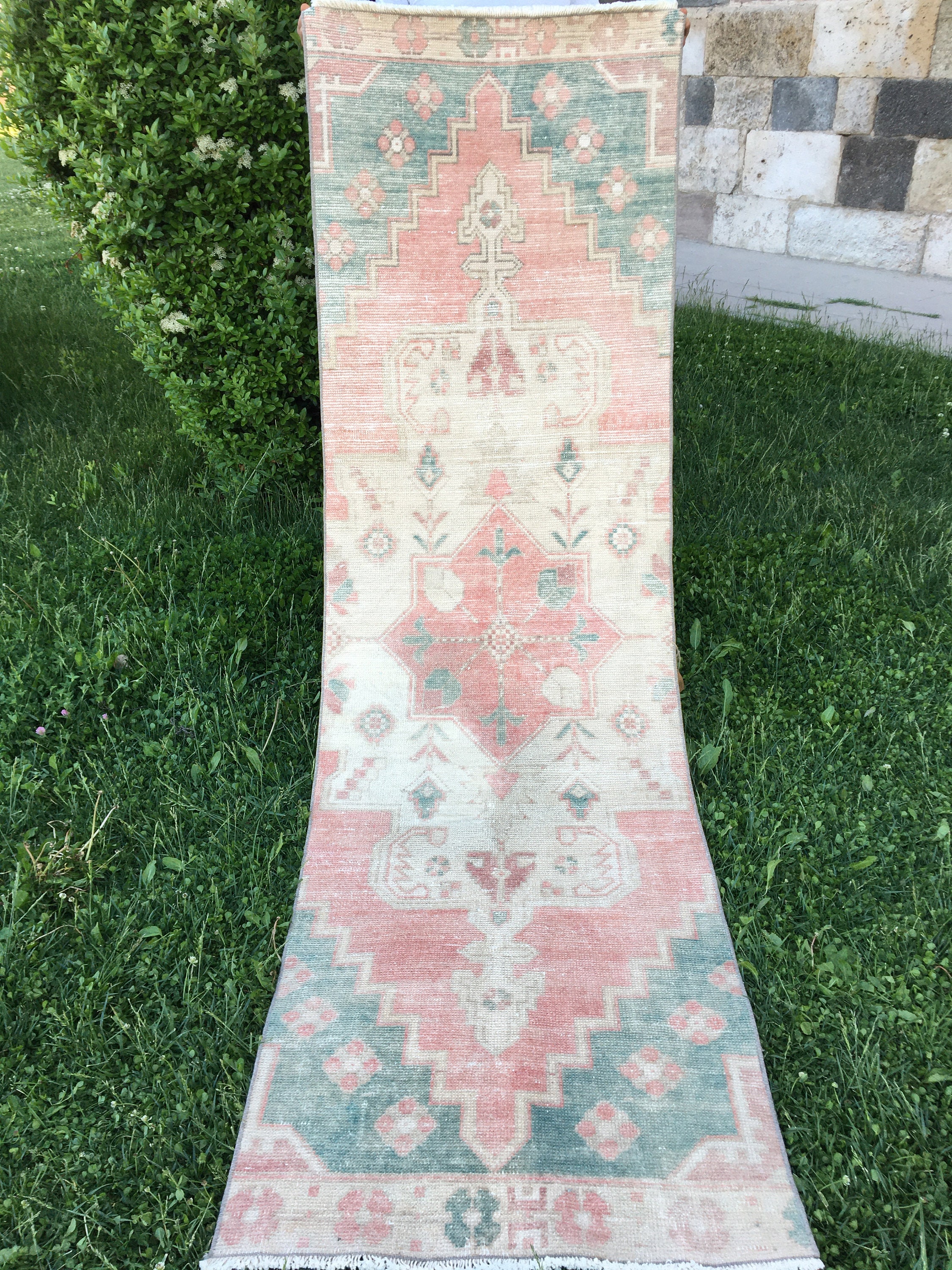 Hallway Oriental Wool Rug Runner Rug Pink and Green Runner | Etsy