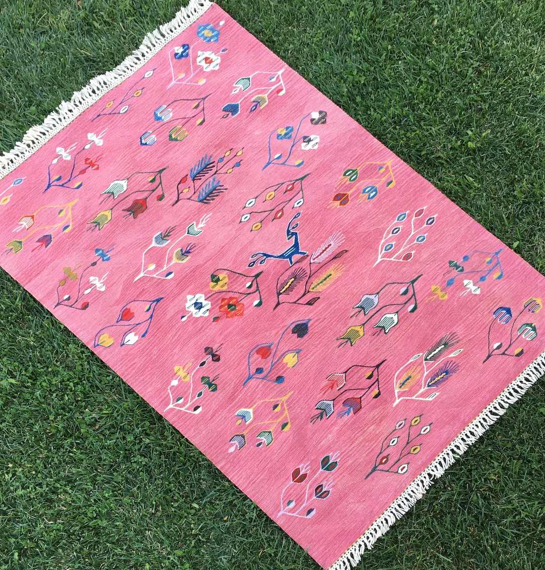 New Hand Woven Floral Pattern Pink Area Rug, Kilim Rug, Oushak Rug ...