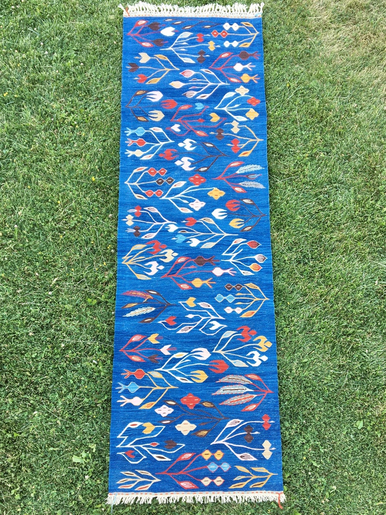 Oriental Blue Floral Runner Rug Vintage Rug Runner Turkish - Etsy