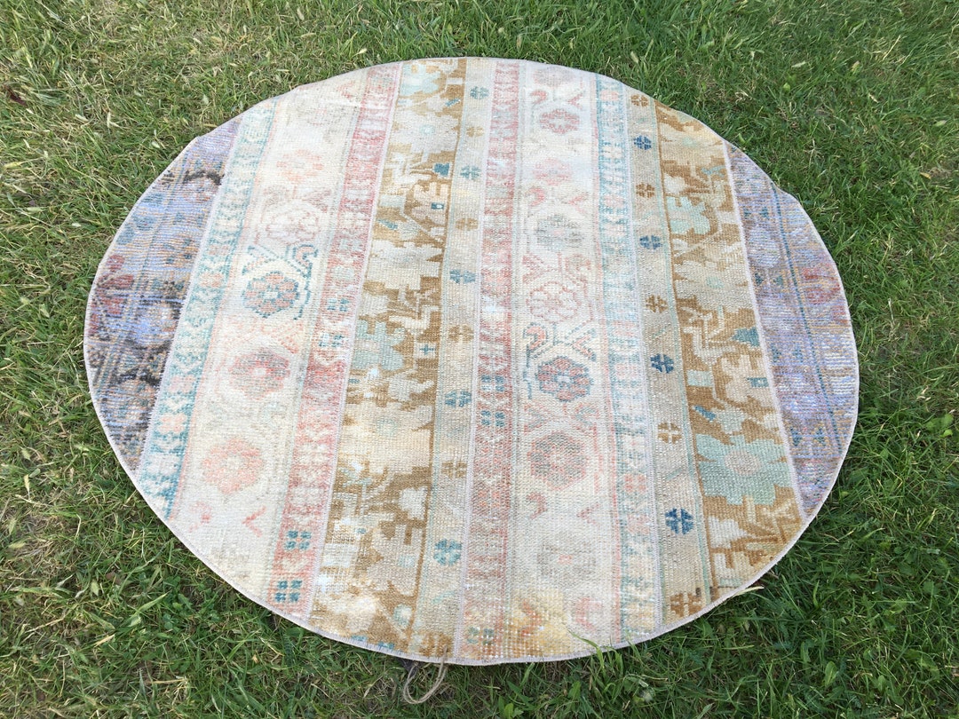 Vintage Oriental Turkish Round Rug, Door Mat Round Rug, Distressed Wool ...