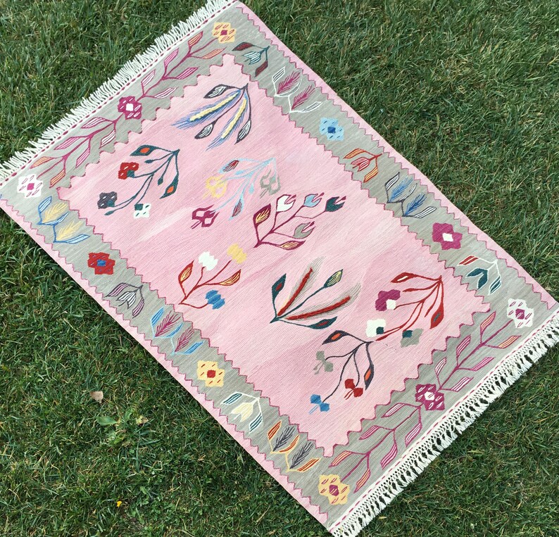 Hand-woven Carpet With Colorful Pink Flower Garden Pink - Etsy