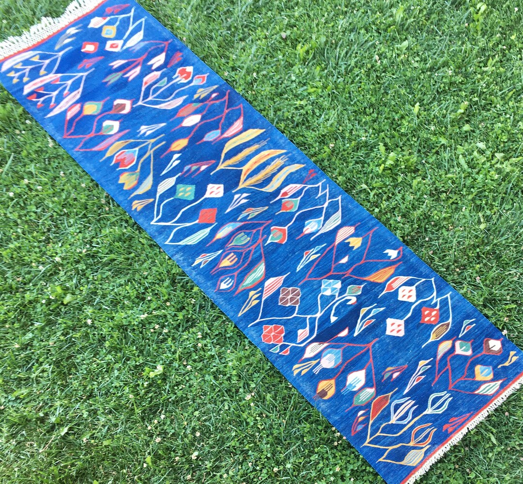 Oriental Blue Rug Runner, Kilim Rug Runner, Turkish Rug Runner, Vintage ...