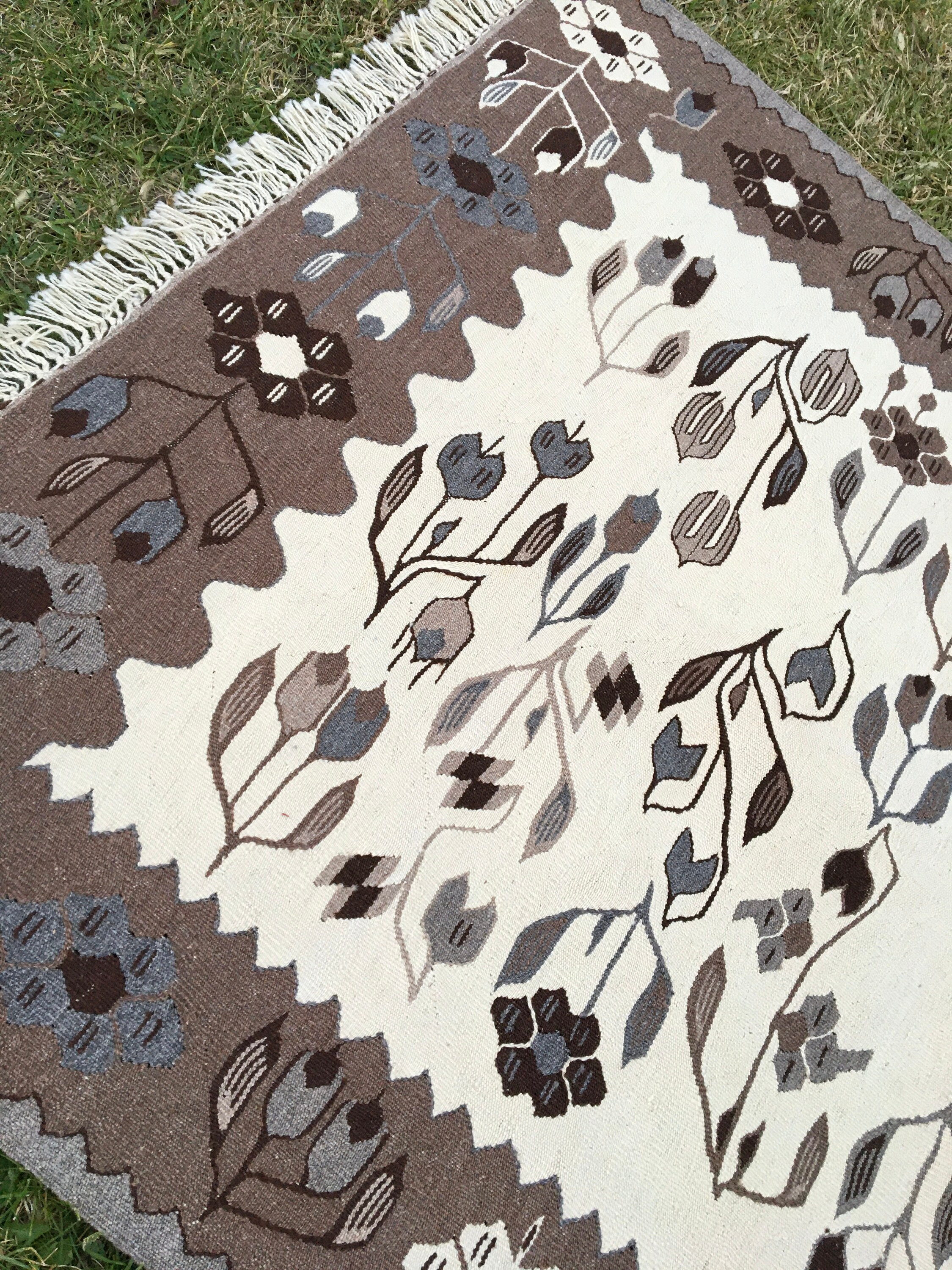 Natural Wool Brown and White Flower Area Rug Vintage Hand | Etsy