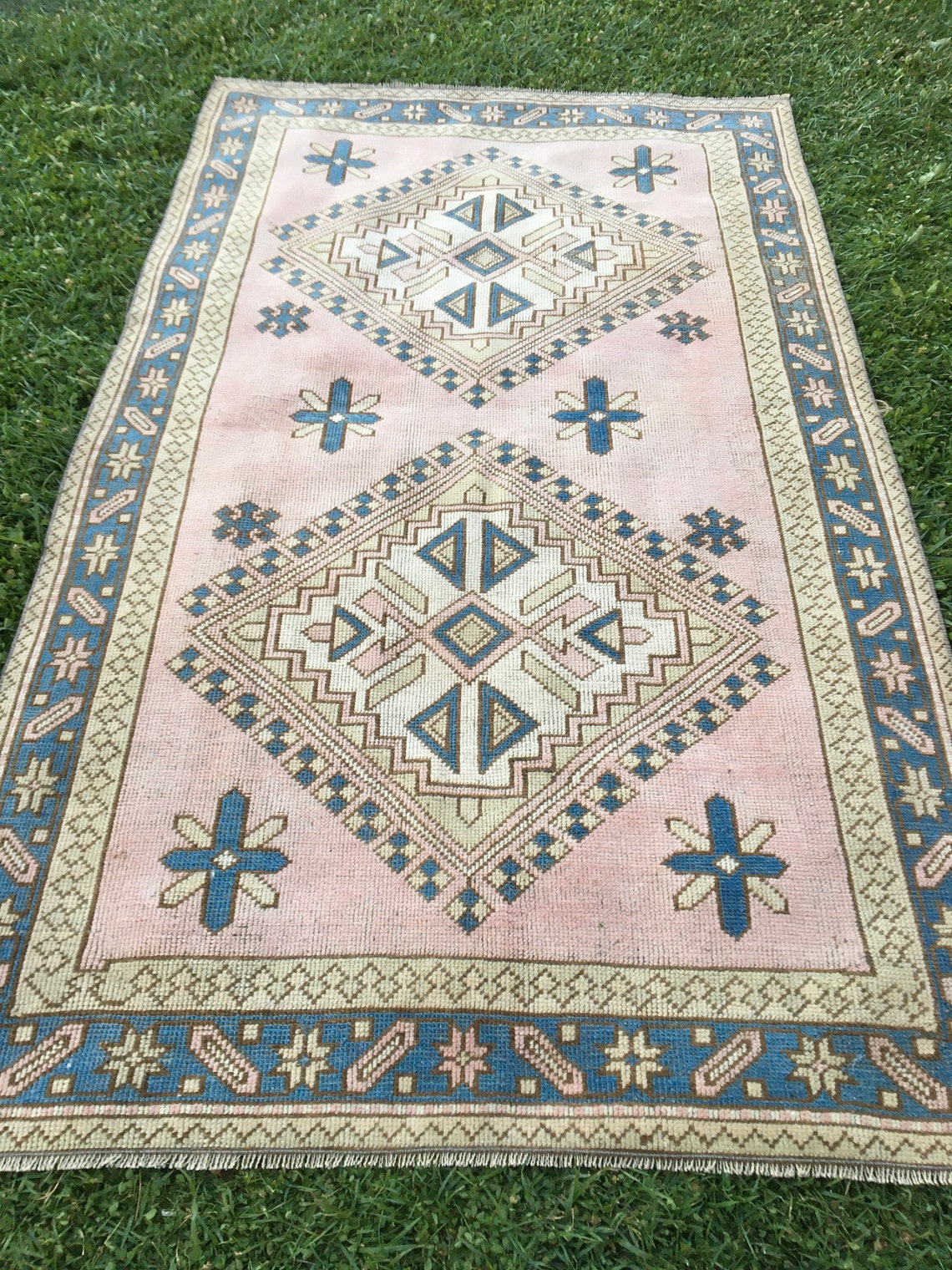 Pink and Blue Area Rug Vintage Rug Oushak Carpet Handmade | Etsy