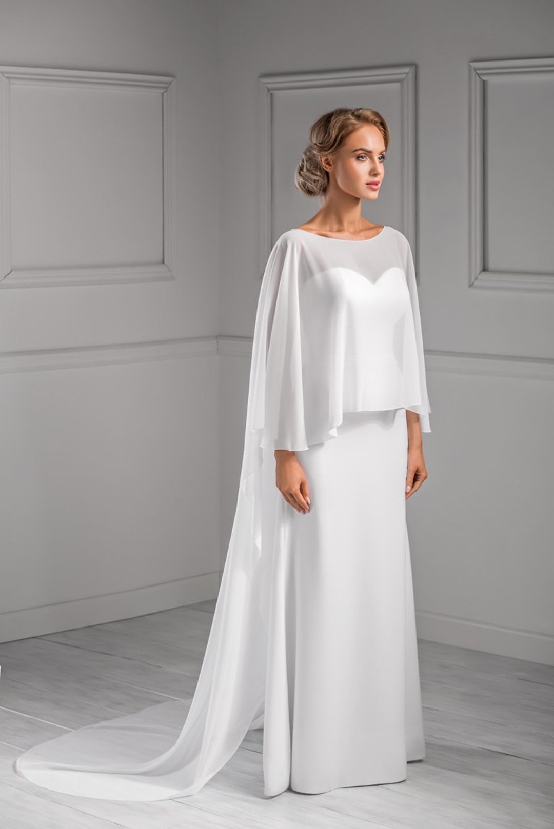 Long Back Bridal Cape Soft Chiffon Both in Ivory and White Cathedral ...