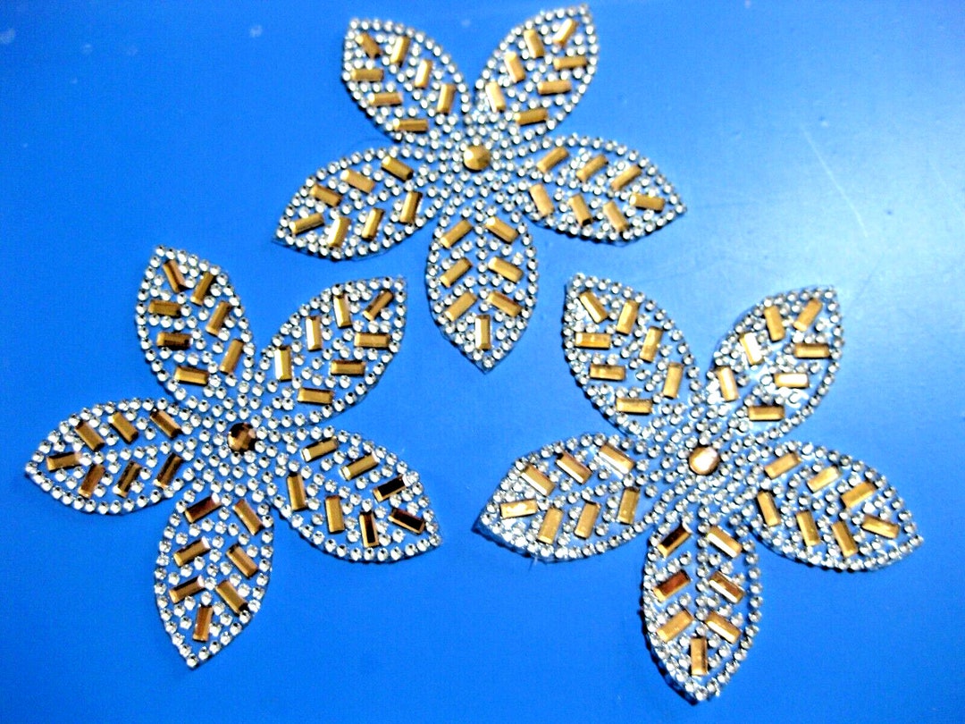 3 Hotfix Rhinestone Iron-on Patches Blossom Flower Applique Gold ...