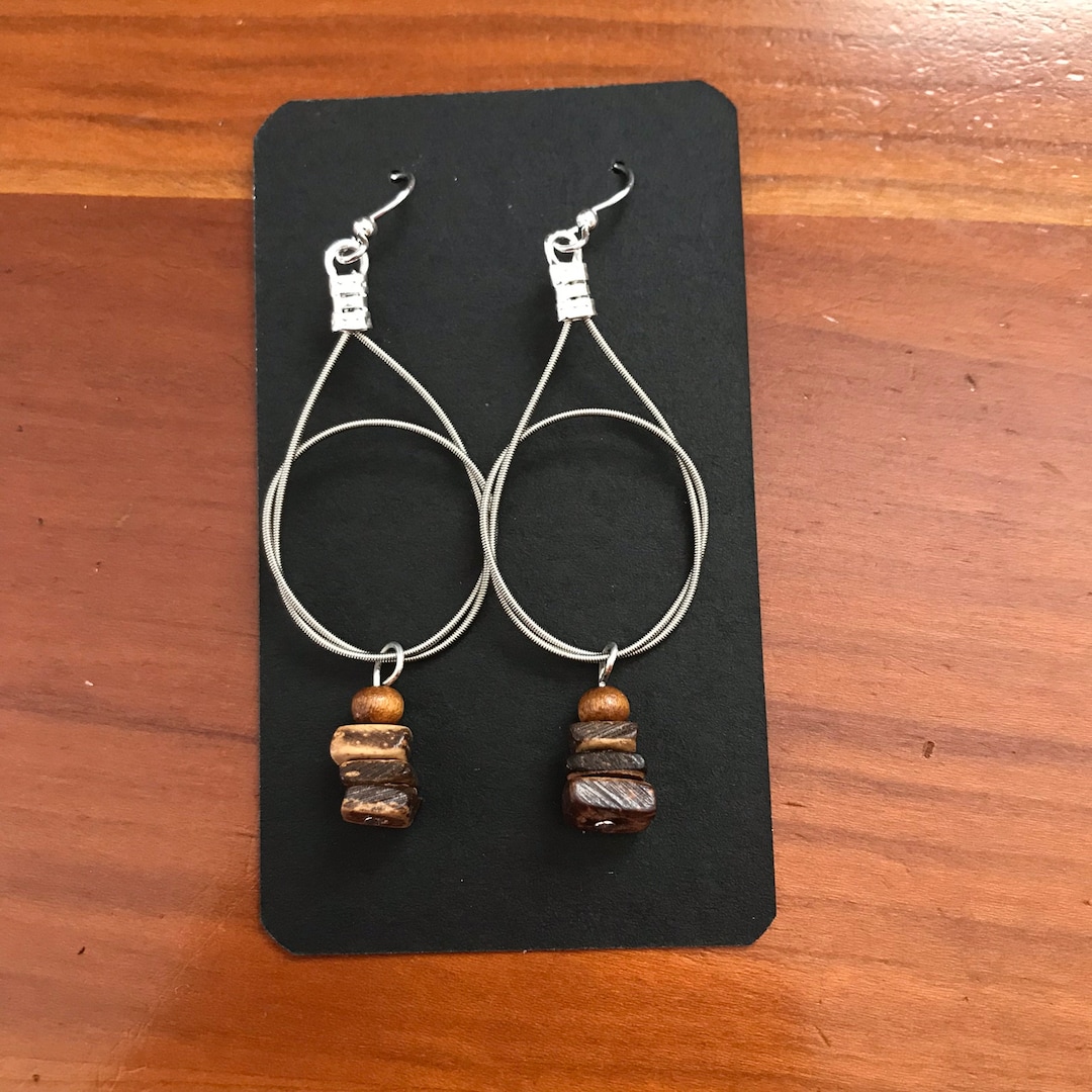 Recycled Guitar String Earrings With Wooden Beads - Etsy